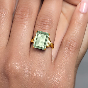 Gem Stone King 18K Yellow Gold Plated Silver Gemstone Birthstone Solitaire Engagement Ring | Emerald Cut 14X10MM Yellow Gold Ring For Women | Available In Size 5, 6, 7, 8, 9