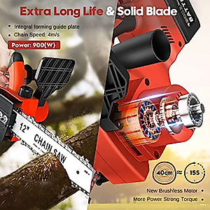 Electric Chainsaw Cordless 12 Inch 3000mAh Chainsaw Power With 2 Chains, Brushless Chainsaw Battery Powered For Trees Cordless Chainsaw Wood Farm Garden Ranch Forest Cutting Fast Charger Included