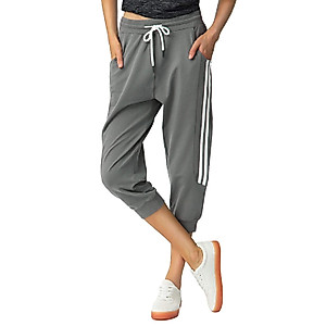 SPECIALMAGIC Women's Capri Pants Cropped Joggers with Pockets Elastic Waist Drawstring Capri Sweatpants Dark Grey Large