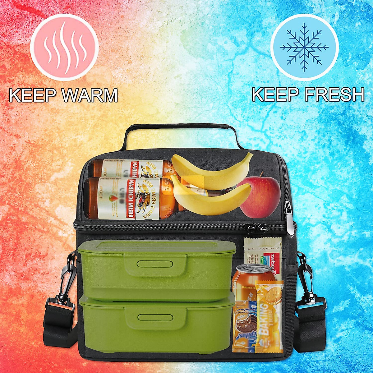 Dual Compartment Lunch Bag for Women Men, Reusable Insulated Lunch Bags Leakproof Large Lunch Box Cooler Tote Bag with Adjustable Shoulder Strap for Office Work School Picnic Hiking Beach Party, Black