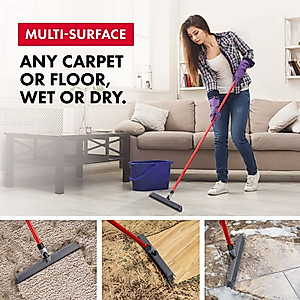 2-in-1 Silicone Rubber Broom Carpet Rake and Squeegee - Swivel Pet Hair Removal Broom with Long Handle - Slanted Side Bristles for Corners - Multipurpose Rubber Broom for Carpet, Hardwood Floor, Tile