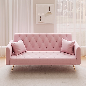 Modern Velvet Sofa Bed Futon with 2 Pillows,2-in 1 Convertible Sleeper Couch Bed,Folding Recliner Loveseat with Golden Metal Legs for Living Room Apartment Office (Pink) (Light Pink)