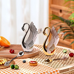 WYYXO Gold Swan Base Holder Spoons Set Elegant Swan Spoon Holder Organizer Decorative Swan Flatware for Dessert Coffee Ice Cream Cake (1 Swan Base Holder 6 Spoons)