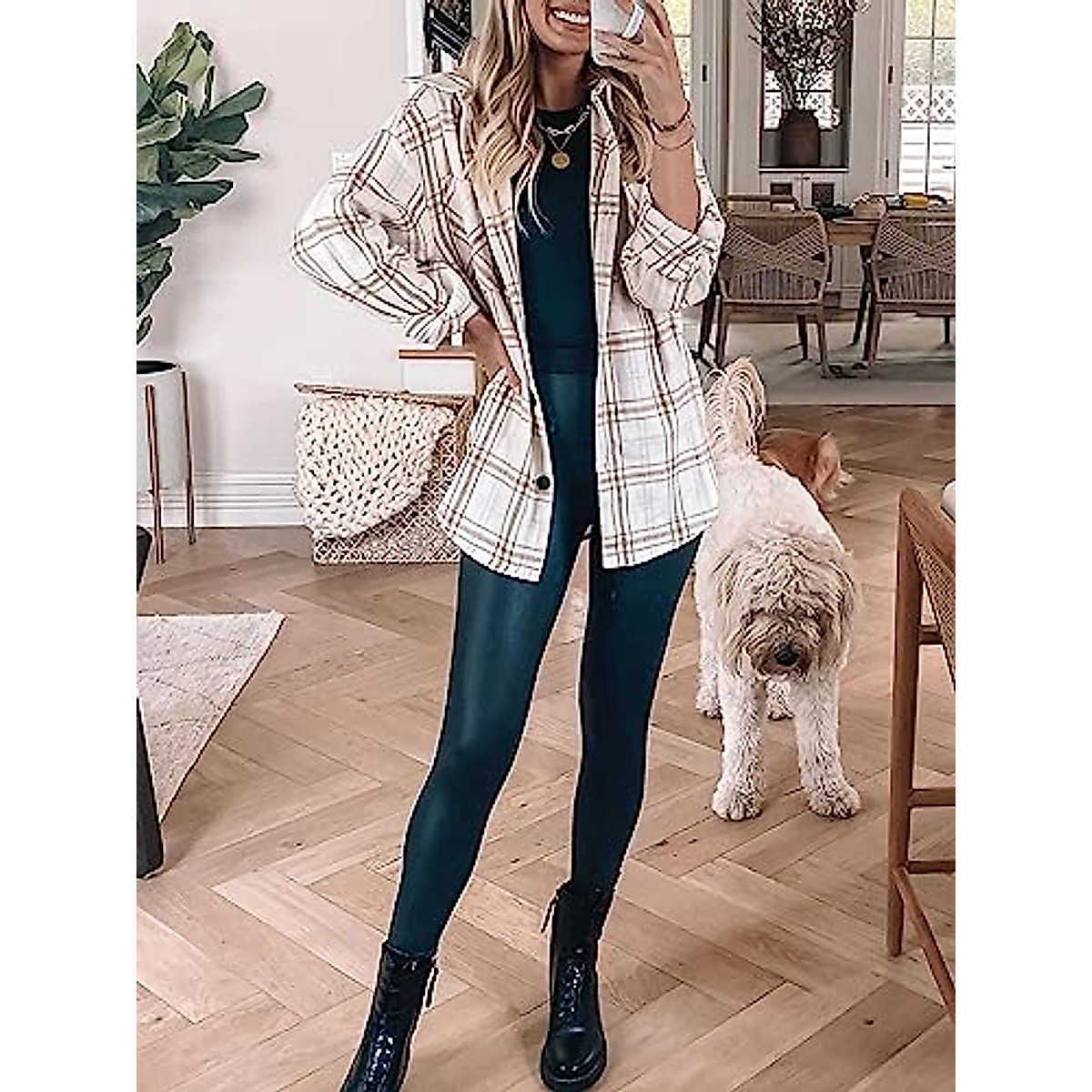 ANRABESS Womens Casual Plaid Shacket Button Down Long Sleeve Shirt Jacket