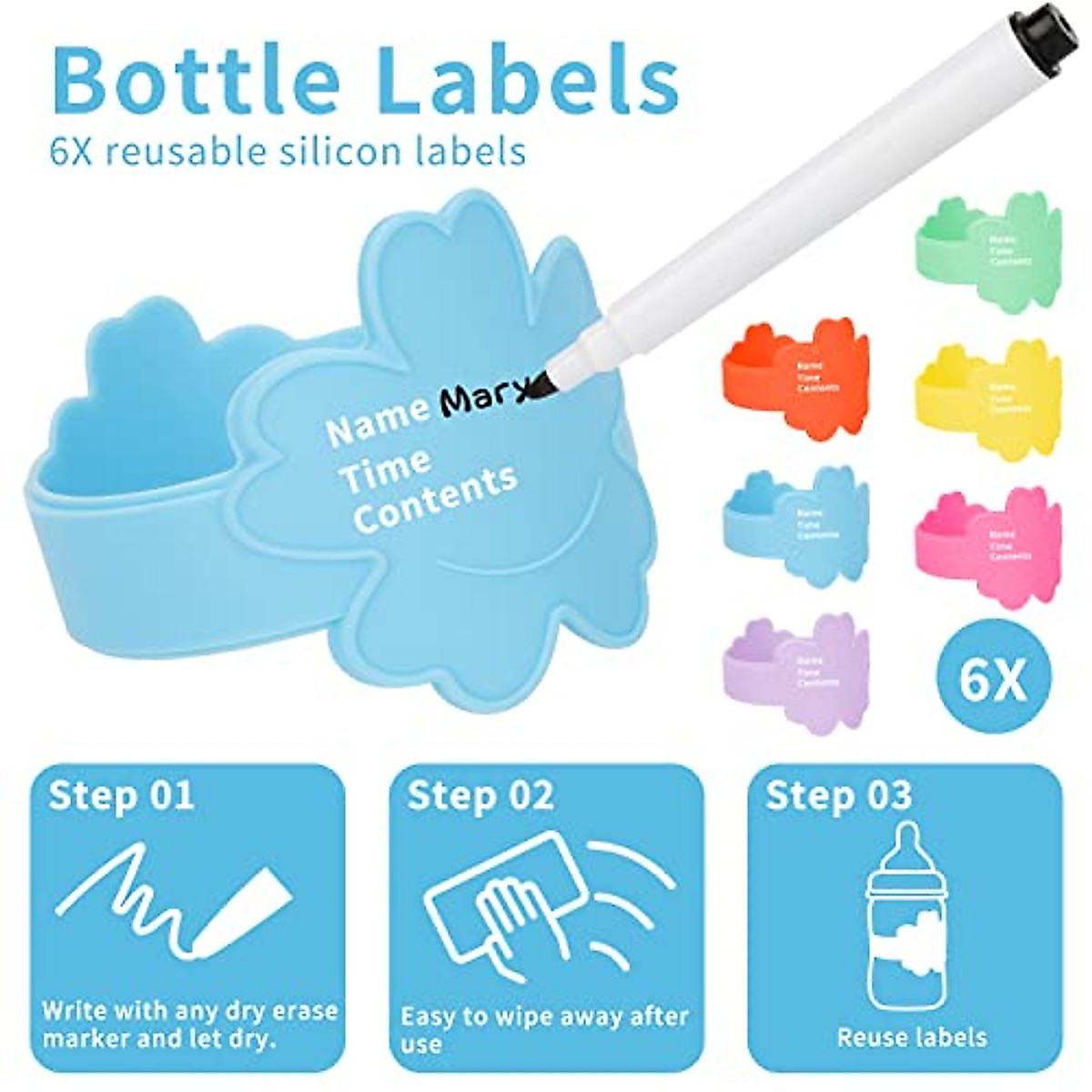 Baby Bottle Labels for Daycare,Original Flower Design for Write and Reuse Baby Bottle Labels 6 Packs use to fit for Dr.Brown 4 Ounce and All Other Bottles