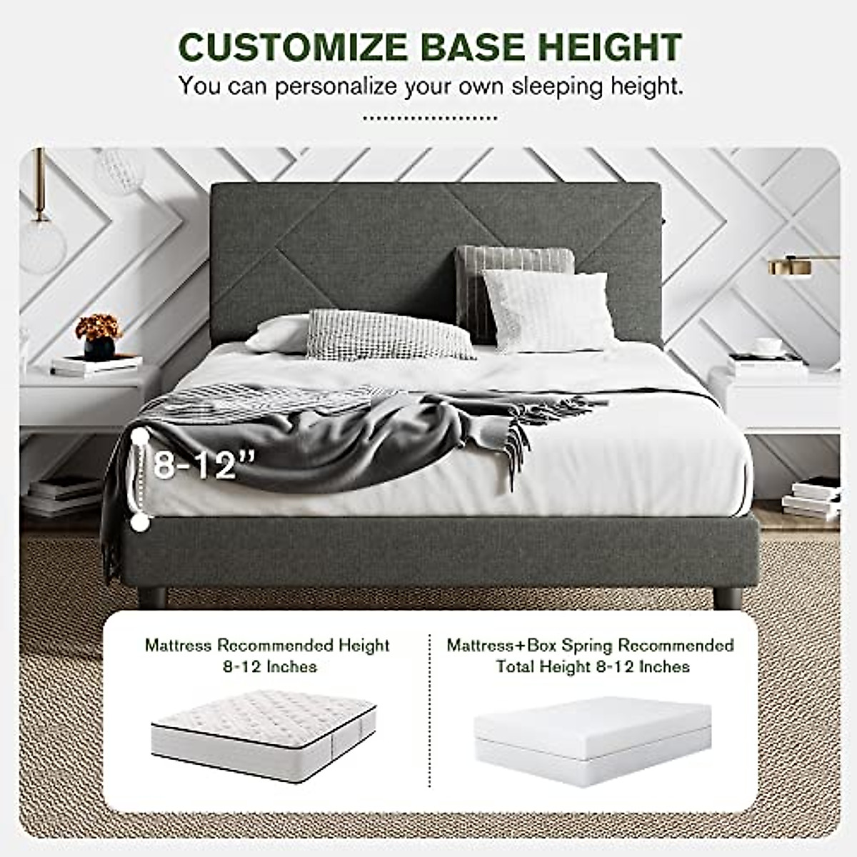 IMUsee Full Size Bed Frame, Upholstered Bed Frame with Geometric Headboard, Heavy Duty Mattress Foundation with Wooden Slats, Easy Assembly, Dark Grey