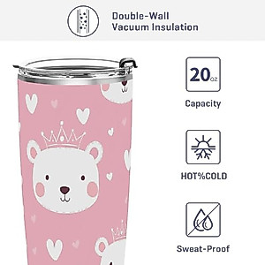 Cartoon Cute White Valentine Bear Stainless Steel water bottle with straw Leak-proof Lid and Straw travel coffee mug spill proof for Home, Office or Car cute straw tumbler 20 OZ