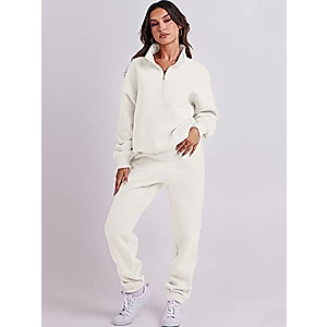 Prinbara Women's 2023 Fall Fashion Outfits 2 Piece Sweatsuit Solid Color Long Sleeve Pullover Long Pants Tracksuit 7PA76-baise-L