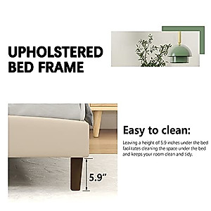 AGARTT Upholstered Platform Full Size Bed Frame with Geometric Headboard No Box Spring Required Anti-Slip Beige Linen