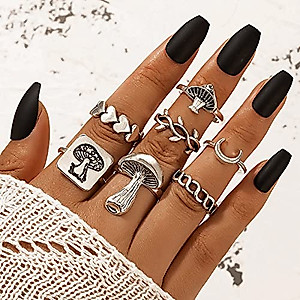 CSIYANJRY99 Vintage Silver Punk Rings Set Retro Mushroom Heart Moon Flower Heart Signet Knuckle Finger Statement Rings for Women Jewelry (I)