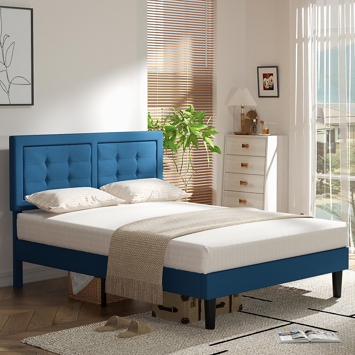 VECELO Queen Size Bed Frame with Adjustable Headboard, Upholstered Button Tufted Platform Bedframe with Wood Slats Support, No Box Spring Needed, Dark Blue