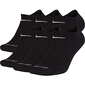 NIKE Dri-Fit Training Everyday PLUS MAX Cushioned No-Show Socks 6 PAIR Black White Swoosh Logo) LARGE 8-12