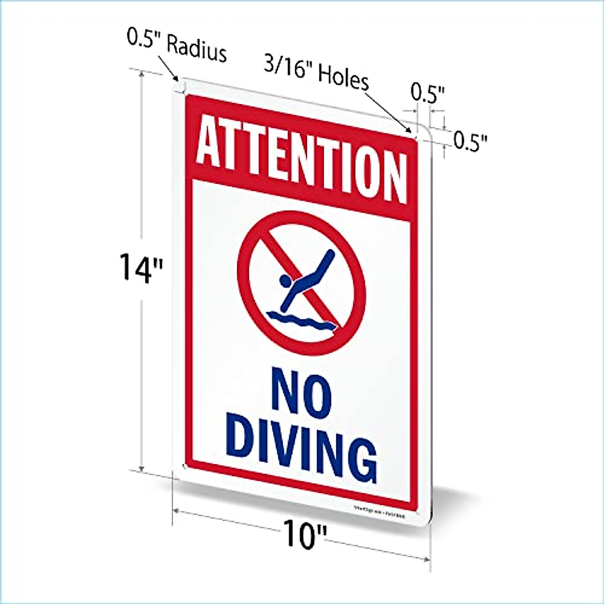 SmartSign 14 x 10 inch “Attention - No Diving” Pool Metal Sign, 40 mil Laminated Rustproof Aluminum, Red, Blue and White