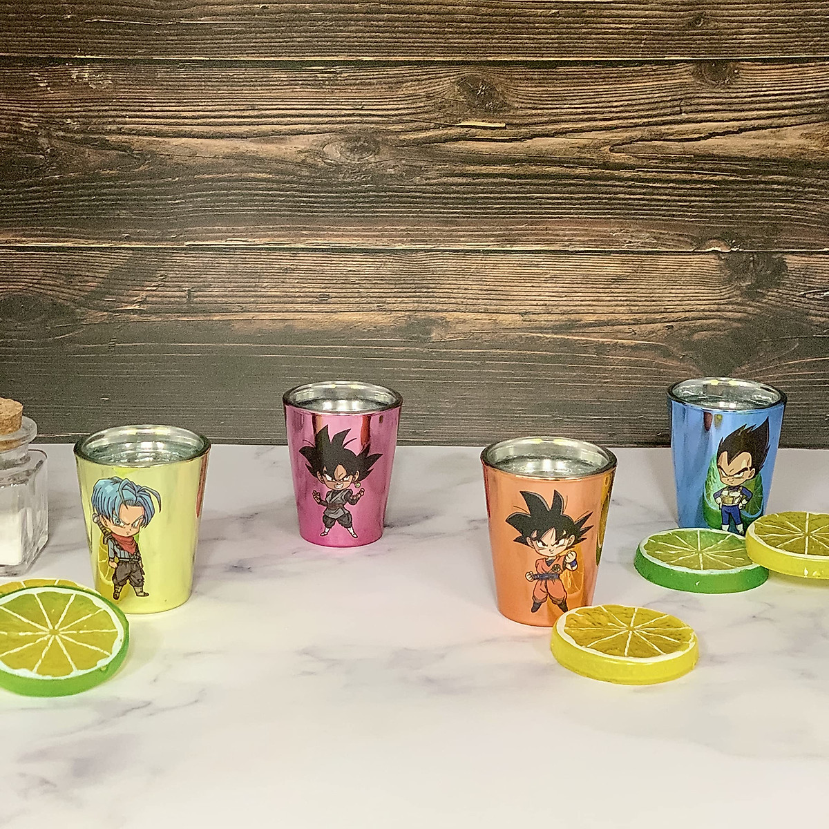 JUST FUNKY Dragon Ball Super Mini Glass Set | 2 Oz Shot Glasses Set of 4 | Featuring Trunks, Goku Black, Goku, and Vegeta Including their Super forms | Officially Licensed