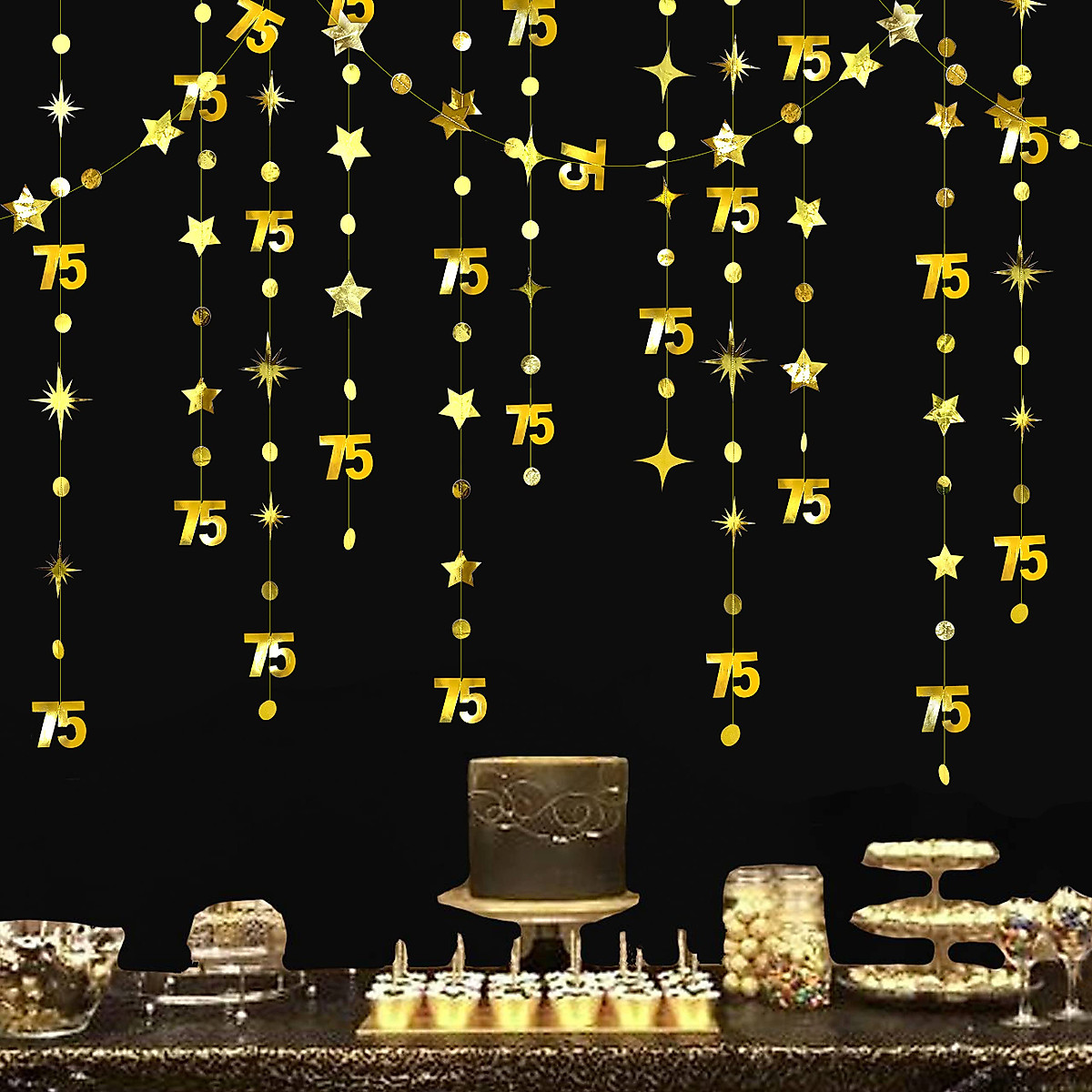 Gold 75th Birthday Decorations Number 75 Circle Dot Twinkle Star Garland Metallic Hanging Streamer Bunting Banner Backdrop for 75 Year Old Birthday Happy 75th Anniversary Seventy Five Party Supplies