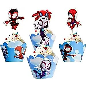12 Pcs Spider and His Friends Cupcake Decorations, Double Sided Toppers and Wrappers, Superhero Decorations, Boys and Girls Birthday Party Supplies