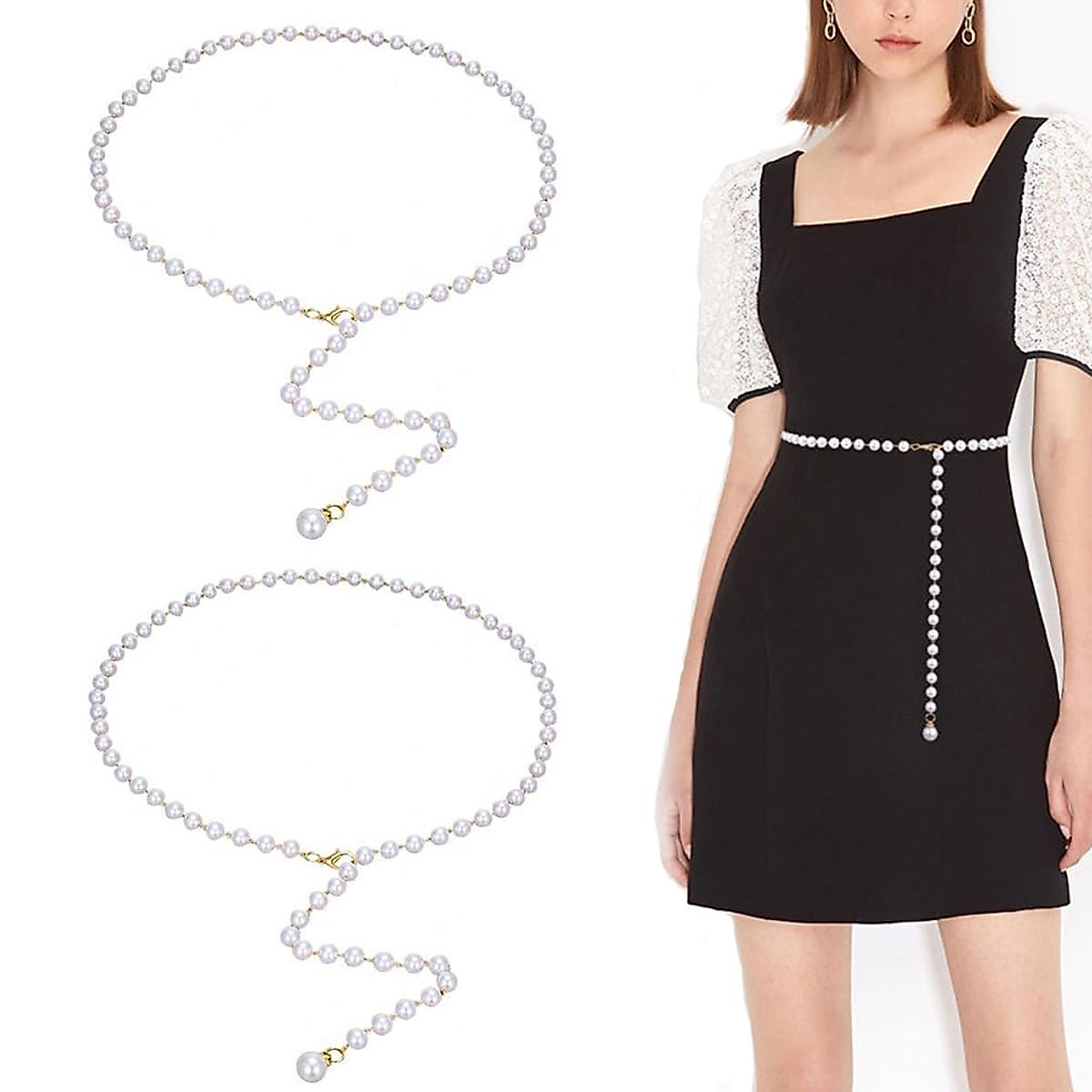 ASVNRES Rhinestone Pearl Elastic Waist Chain Belt, Women Skinny Metal Cinch Belt Gold Waist Belt for Dress Gift for Jeans Dress