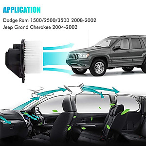 AC Heater Blower Motor with Fan Replacement for 2002-2008 Dodge Ram 1500 2500 3500, 2002 2003 2004 Jeep Grand Cherokee Replaces # 5012701AB, 5096255AA, 5096256AA, PM9198, 700012