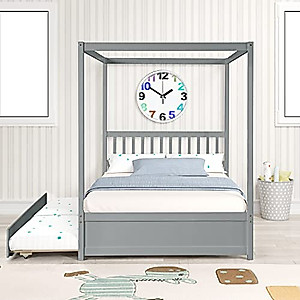 HAUSHECK Full Size Canopy Bed Frame with Trundle, Four-Poster Canopy Platform Bed Frame with Headboard for Kids, Teen, Adults, Sturdy Wooden Slatted Structure, No Box Spring Needed, Easy Assembly