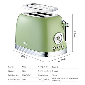 Toaster Retro 2 Slice, Vintage Toaster, Green Toaster, With Stainless Steel Lid, With Bread Attachment, Preheat, Defrost And Cancel Functions, 6 Browning Levels (Green)