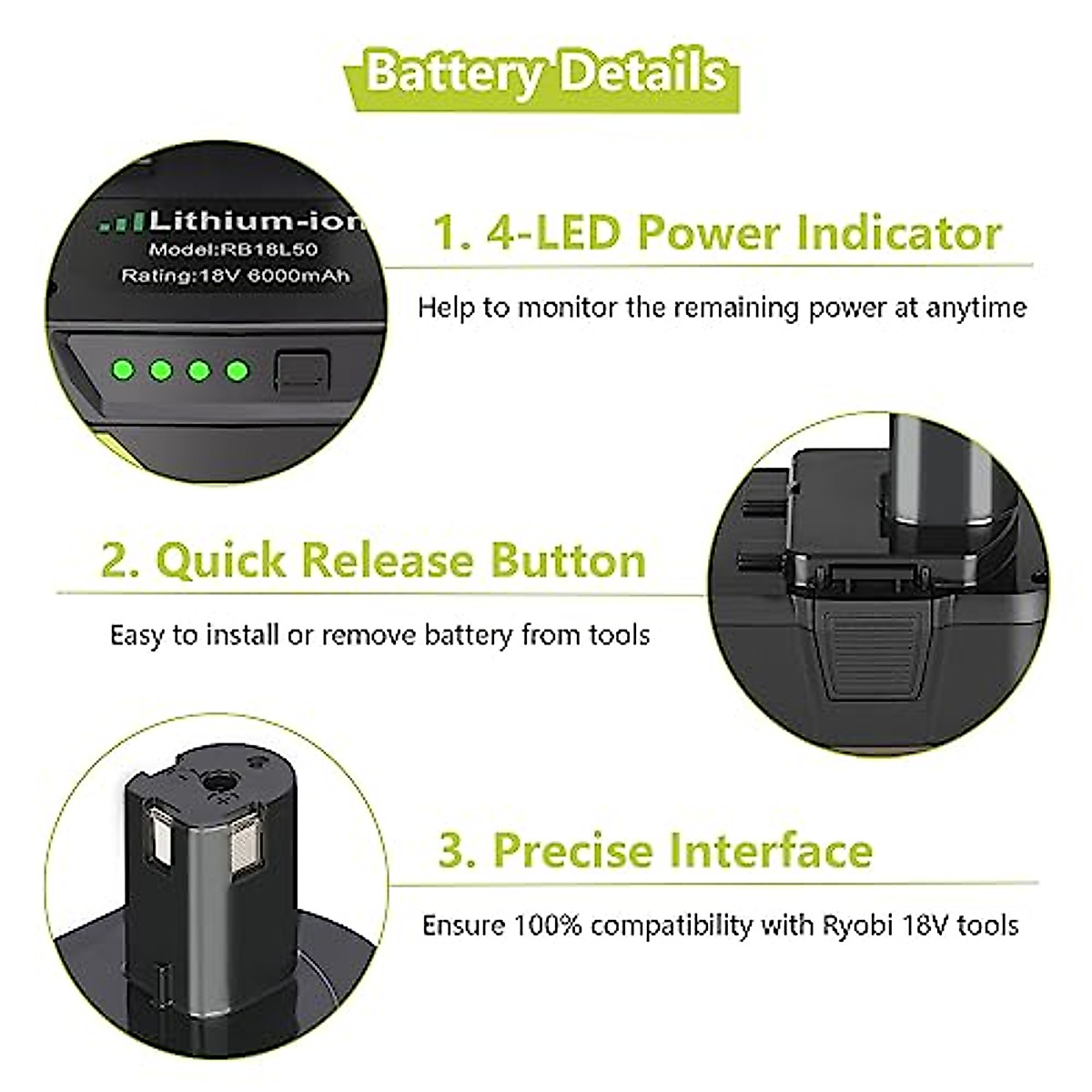 KUNLUN 2Pack 6.0Ah 18-Volt Replacement for Ryobi 18V Lithium Battery ONE+ Plus P108 P102 P103 P104 P105 P107 P109 P122 PBP005 RB18L50 Cordless Power Tools