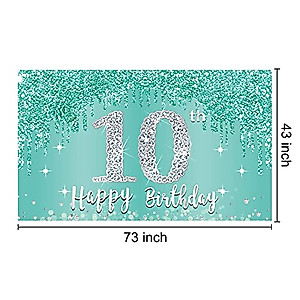 Teal Silver 10th Birthday Banner Decorations for Girls, Breakfast Blue Happy 10th Birthday Backdrop Party Supplies, Ten Year Old Birthday Poster Background Photo Booth Props Decor