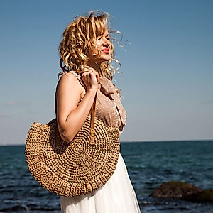 CWCYYDSYY Straw Beach Handbags Summer Handmade Round Corn Woven Shoulder Tote Bohemia Bags Purse for Women(Khaki -1)
