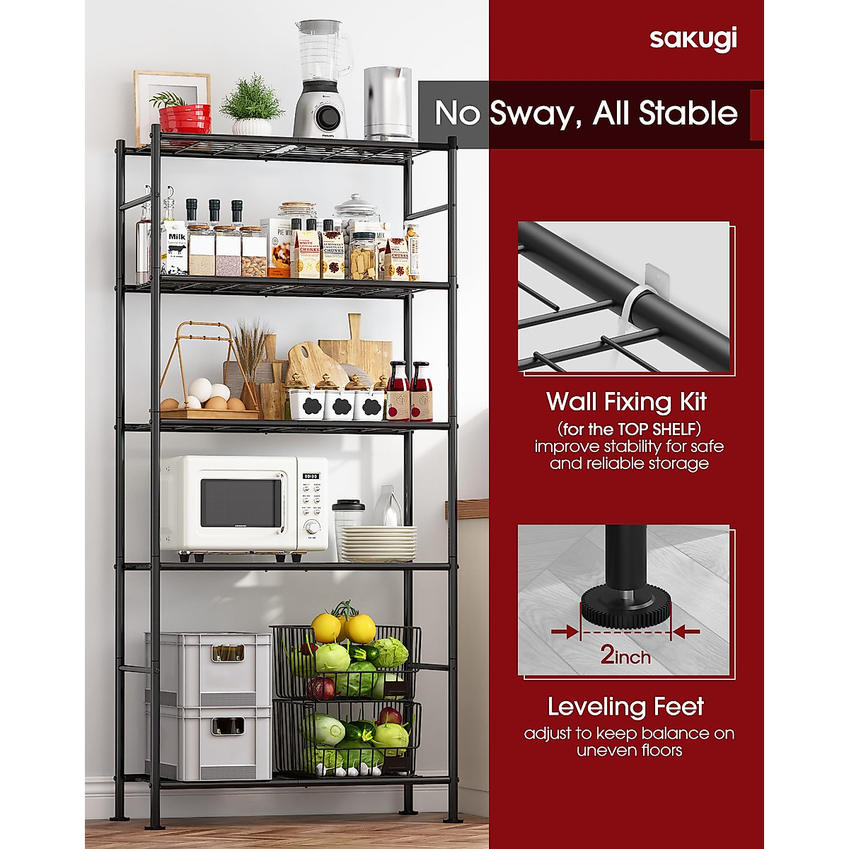 Sakugi Storage Shelves - 5 Tier Shelf Organizer, Heavy Duty Garage Shelving Unit with Leveling Feet, Stable Metal Shelves Organizer for Pantry, Kitchen and Closet, 33.1" W X 12.6" D X 72.0" H, Black