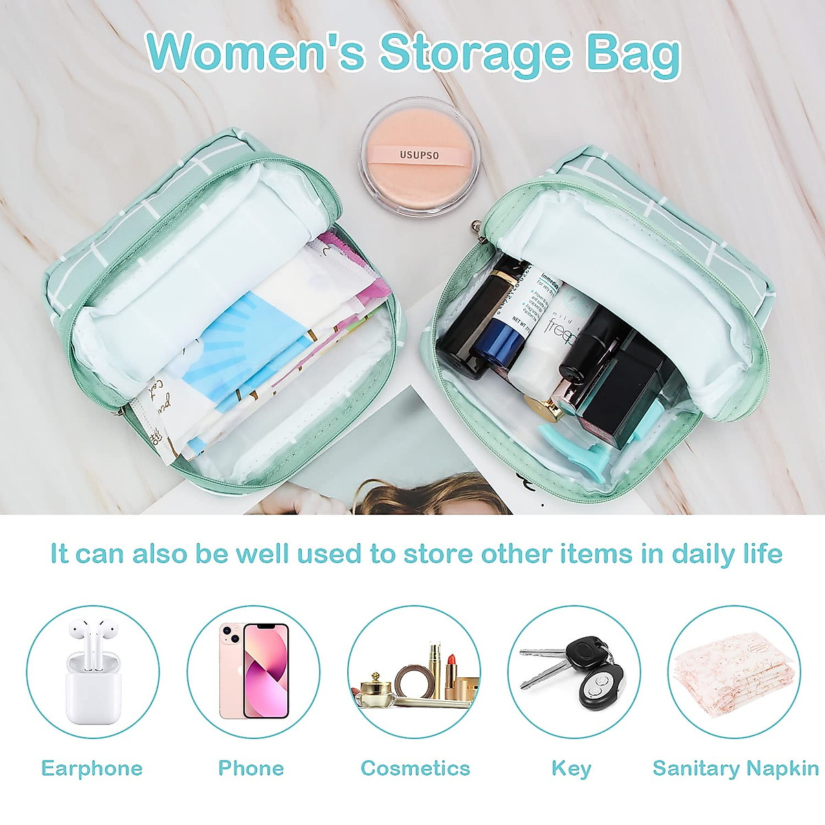 Desing Wish Sanitary Pad Storage Bag Portable Period Bag for Teen Pads/Sanitary Napkins/Small Tampons, Sanitary Napkin Storage Bag First Period Gifts for Teen Girls (Green Plaid)