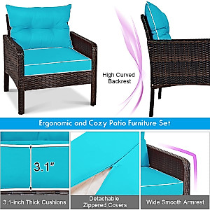 Tangkula Wicker Furniture Set 5 Pieces PE Wicker Rattan Outdoor All Weather Cushioned Sofas and Ottoman Set Lawn Pool Balcony Conversation Set Chat Set (Turquoise)