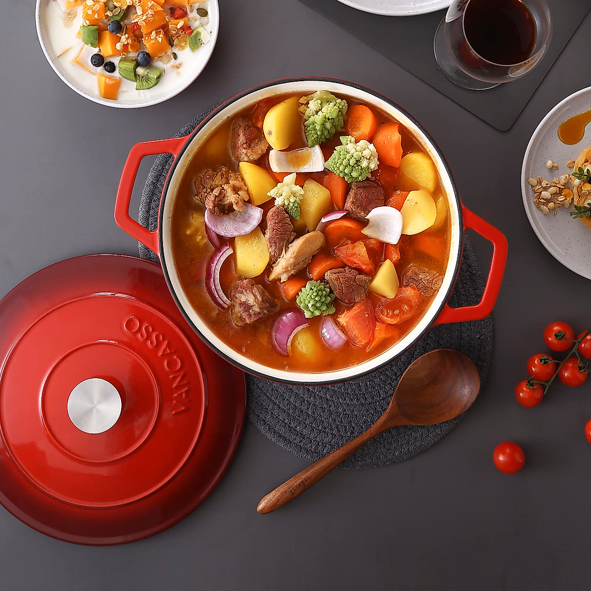 vancasso Enameled Cast Iron Dutch Oven, 7.5 QT Dutch Oven Pot with Lid,Round Enamel Dutch Oven for Bread Baking, Non Stick Enamel Coating, Pot's Body Cast Iron, Good Sealing, for All Heat Source