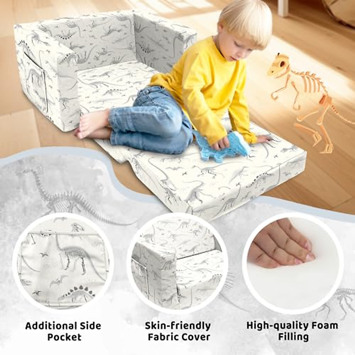 Hän Babos Kids Couch, 2-in-1 Convertible Sofa to Lounger, Comfy Flip-Out Couch Chair/Sleeper Bed for Toddler Boys and Girls (Dinasour Fossil)