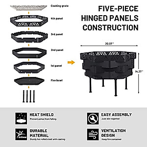 Aterland Wood Burning Fire Pit with Cooking Grate, 2 in 1 Outdoor Firepit Bonfire for BBQ, Foldable Steel Firepit Wood Fire Rings with Gloves for Camping Backyard