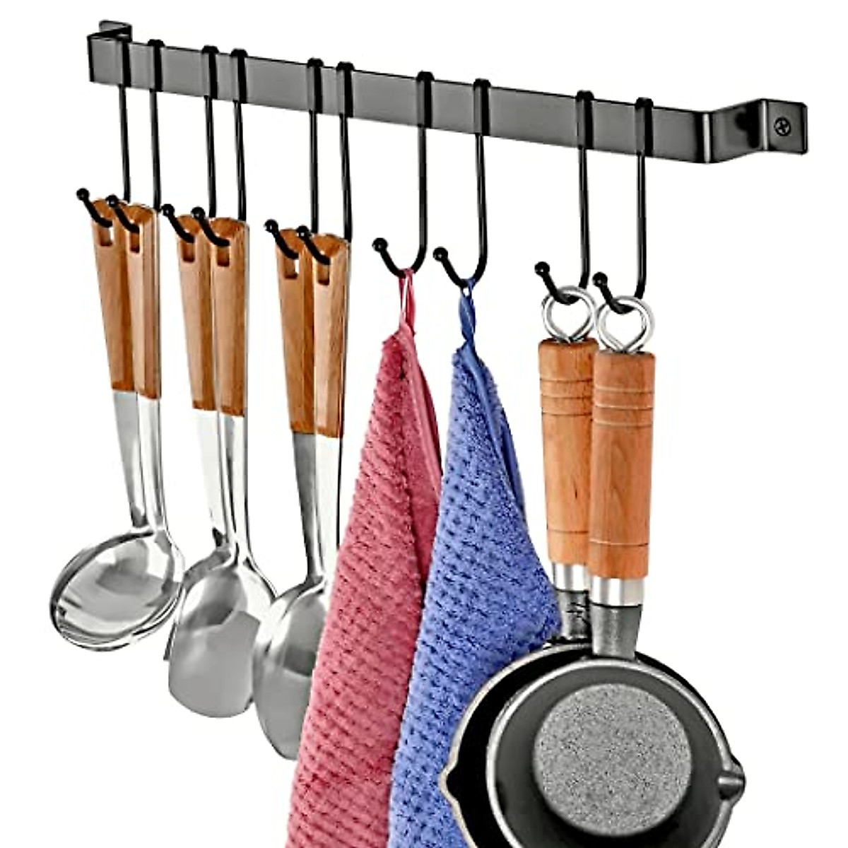 JEPRECO Kitchen Rail with 10 Hooks, Wall Mounted Iron Utensil Holder Hanging Pot Pan Rack Mug Cup Organizer,17 Inch Black