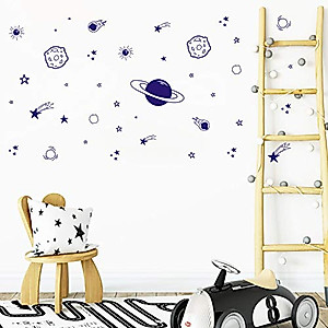 Planet Wall Decal, Boys Room Decor, Outer Space Wall Decals, Star Wall Stickers, Vinyl Wall Decals for Children Baby Kids Boys Bedroom, Nursery Decor Y04 (Blue)