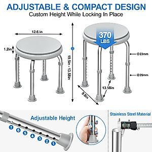 UGarden Upgraded Heavy Duty Stainless Steel Small Shower Chair for Inside Shower, Safety Anti-Slip 370lbs Shower Stool for Inside Bathtub, Gray Round Shower Stool w/Grab Bar, Bath Seats for Elderly