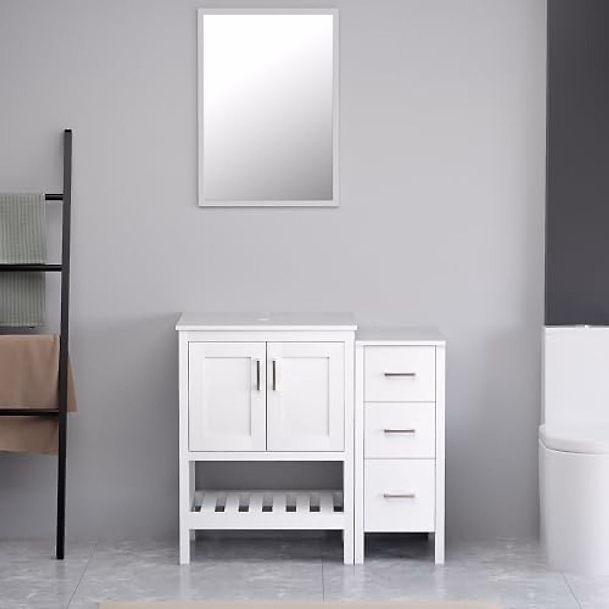 eclife 36" Bathroom Vanities Sink Combo with Side Cabinet, Modern MDF White Cabinet with Open Shelf, Mirror (Vanity Only)