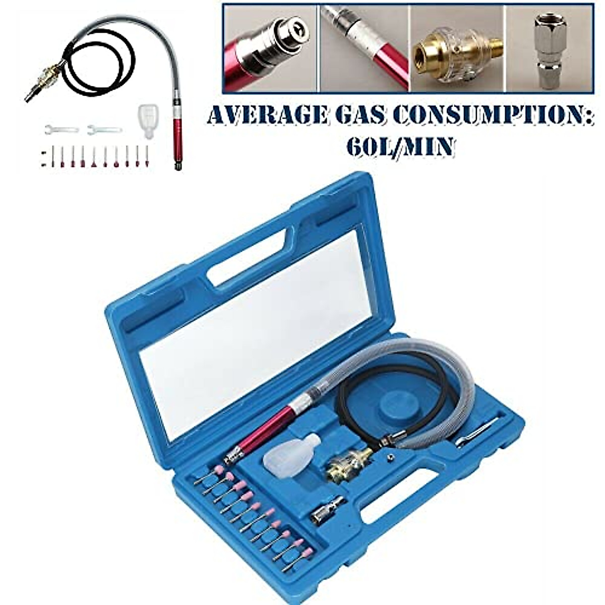 VOTOER 1/8" (3mm) Pneumatic Air Micro Die Grinder Polishing Tool Kit, 3mm Chuck Pencil Type Rotary Engraving Cutting Grinding Tool Set, 58000RPM, 90psi