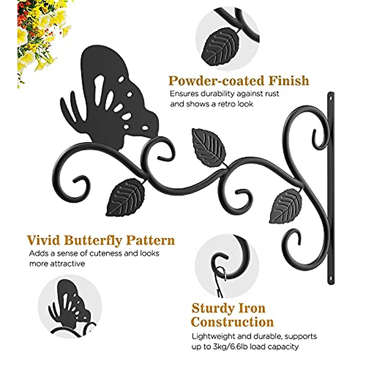 Lewondr Wall Hanging Plant Bracket, [2 Pack] 12 Inch Retro Outdoor Indoor Garden Hook Hanging Planter Decorative Plant Brackets for Bird Feeder Wind Chime Lantern, Butterfly and 3 Leaves, Black