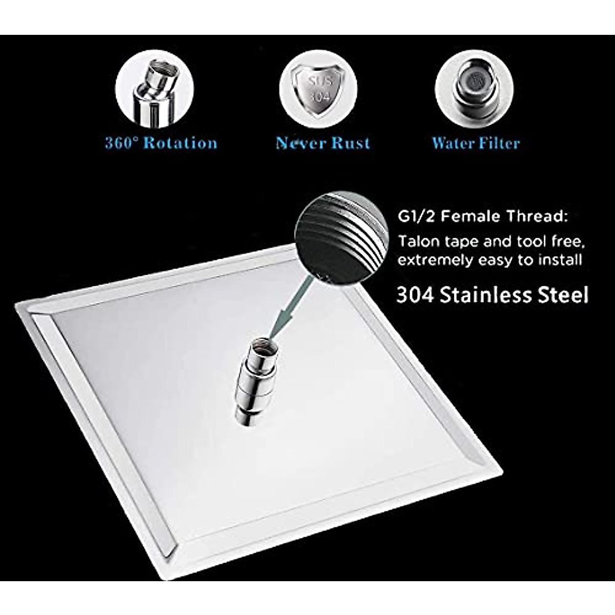 Rain Shower Head 12 inch, 304 Stainless Steel Large High Pressure Square Rainfall Showerhead for Bathroom, Easy to Install, Awesome Shower Experience