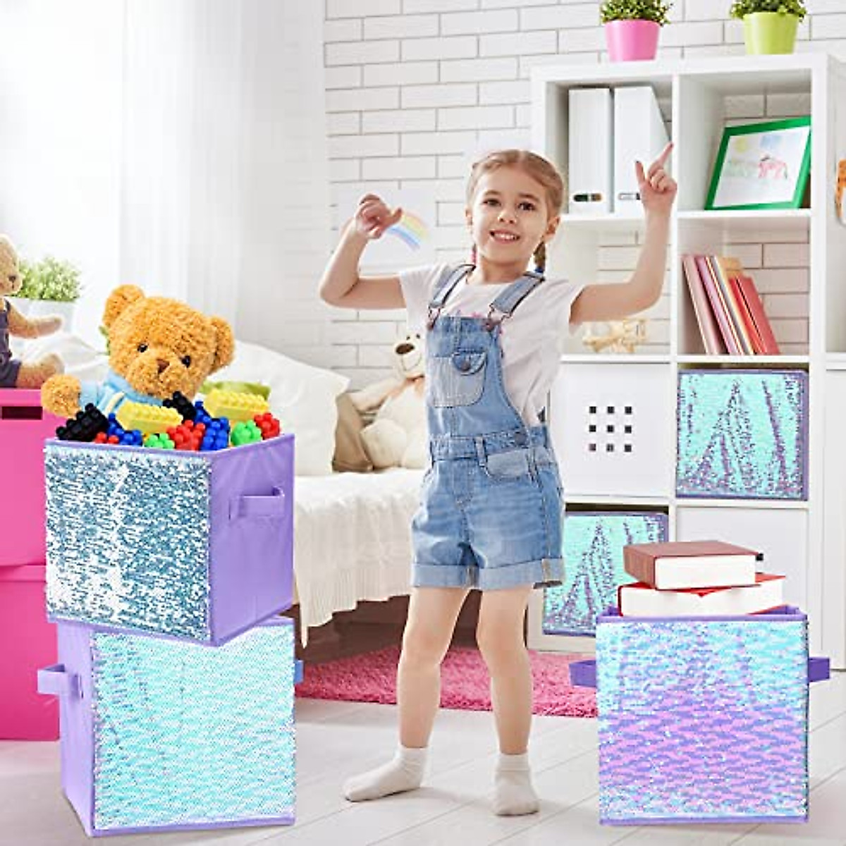 6 Pcs Foldable Sequin Storage Basket Bin 10 Inch Large Fabric Storage Cubes Storage Bin Closet Bins Nursery Bins Shelf Baskets Kids Toys Organizer Boxes for Nursery Home Bedroom Drawer (Purple)