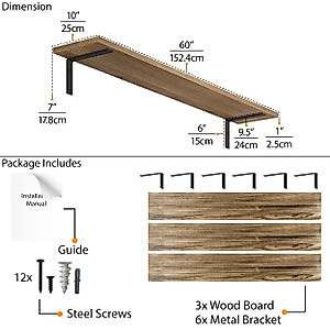 Wallniture Cervo 60 inch Long x 10 in Deep Floating Shelves for Wall Decor, Wall Bookshelf for Living Room, Wall Shelves Home Office, Laundry Room, Floating Shelf Set of 3, Burnt, Wood