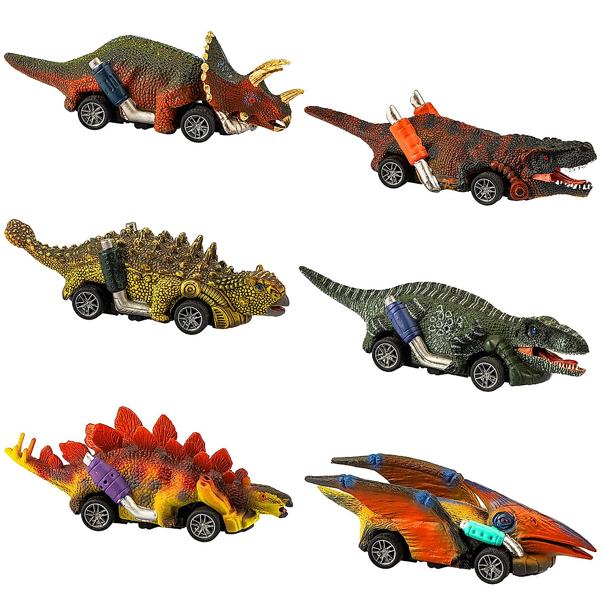 Kizmyee Dinosaur Toy Pull Back Cars, 6 Pack Dino Toys for 6 Year Old Boys and Toddlers, Boy Toys Age 6 and Up, Pull Back Toy Cars