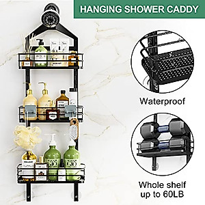 Thideewiz 3 Tier Hanging Shower Caddy Over Shower Head, Anti-Swing Shower Shelf, Adjustable Rustproof Shower Rack, Metal Shower Organizer with Hooks, Black