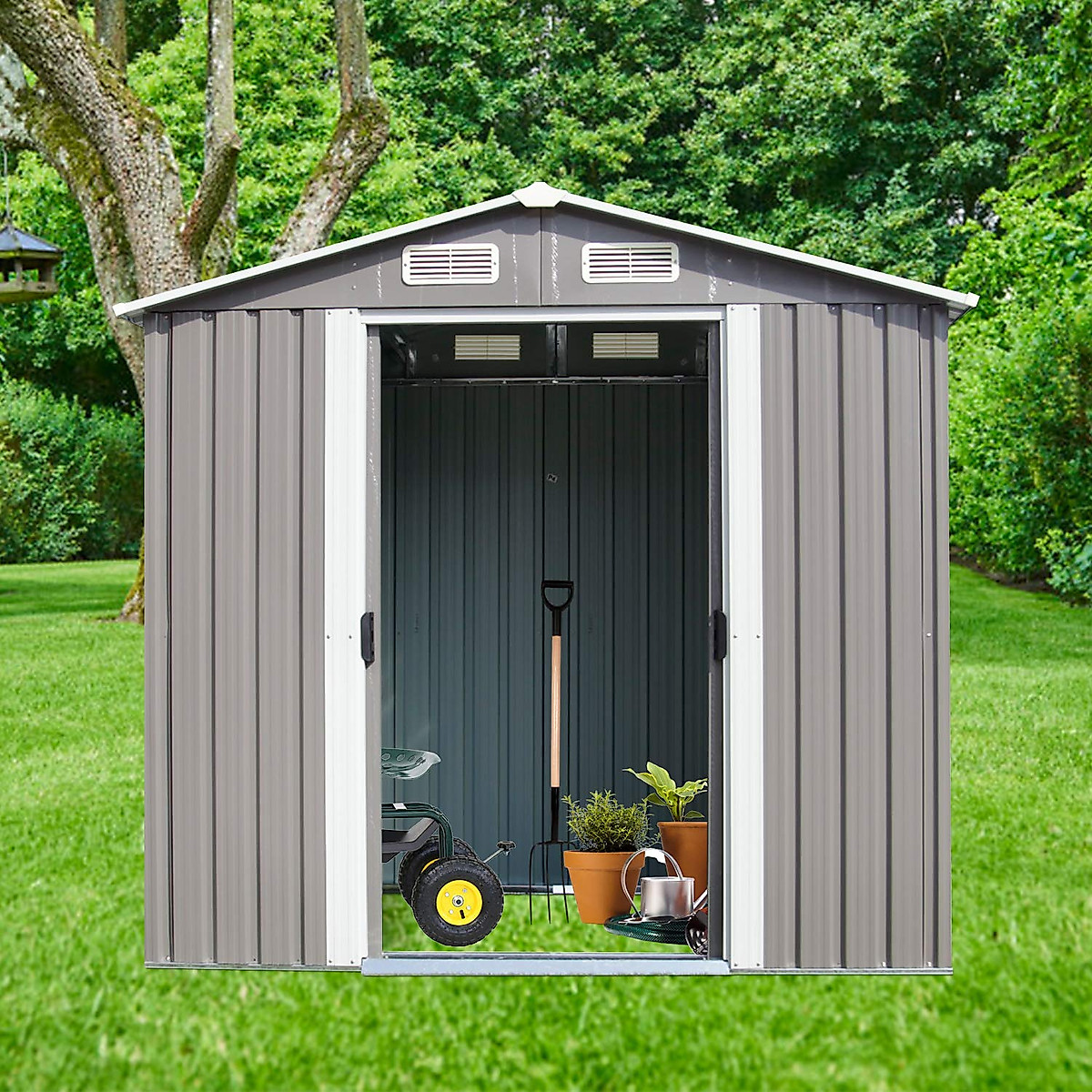 Kinsutie 6' x 4' Outdoor Steel Garden Storage Shed Utility Tool Backyard Lawn Grey with White w/Lockable Doors