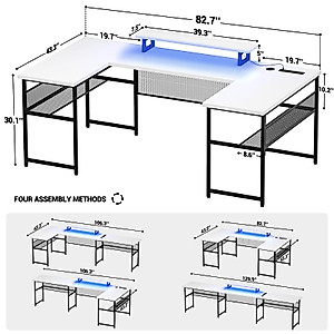 Unikito U Shaped Computer Desk with LED Strip and Power Outlets, Reversible Large Office Desk with Monitor Stand and Storage Shelves, 2 Person L Shaped Gaming Table, 83 Inch U Shape Corner Desk, White