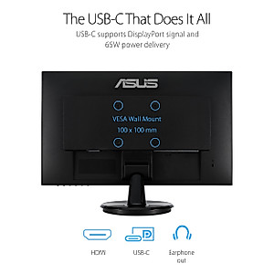 ASUS 27” 1080P Monitor (VA27DCP) - Full HD, IPS, 75Hz, USB-C 65W Power Delivery, Speakers, Adaptive-Sync/FreeSync, Eye Care, Low Blue Light, Flicker Free, VESA Mountable, Frameless, HDMI (Renewed)