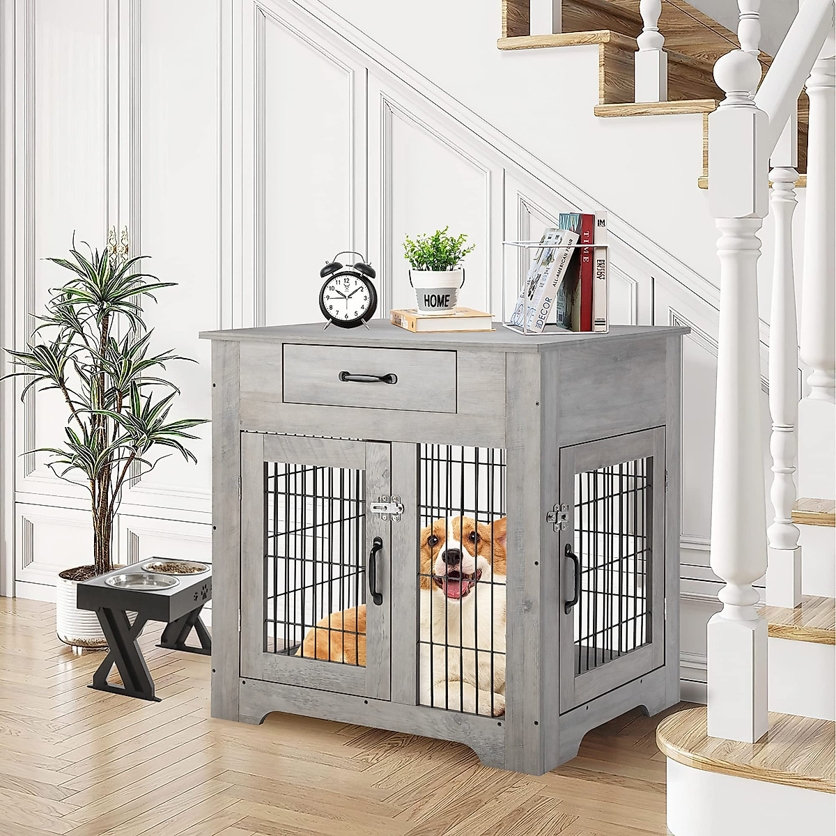 IDEALHOUSE 32 Inch Furniture Style Dog Crates – Chew-Proof Indoor Casual Home Wooden Pet Crate, Indoor Pet Crate Side Table, Wood Look Dog Kennel End Table with Drawer, Grey