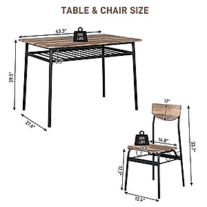 Karl home 5-Piece Dining Table Set for 4, Rectangular Table and 4 Chairs, Farmhouse Table Set for Kitchen & Dining Room, Industrial Metal Frame & Storage Rack, Save Space (Natural)