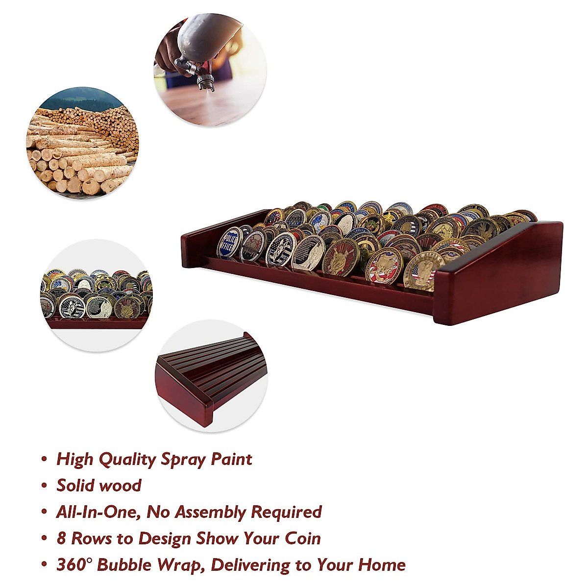 ASmileIndeep 8 Rows Military Challenge Coin Display Stand - Holds 60-70 Coins, Solid Wood Army Police Coin Rack Display Holder for Desktop, Mahogany